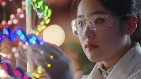 A Female Scientist Wearing Safety Glasses Examines A Dna Model In A Lab
