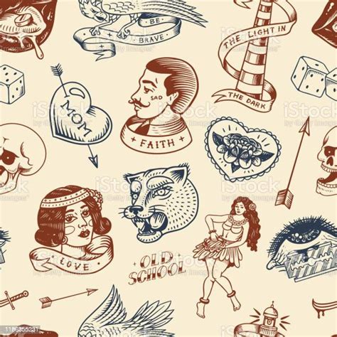 올드 스쿨 문신 원활한 패턴입니다 하와이 훌라 댄서 여자 등대 표범 두개골과 뱀 인쇄를 위해 손으로 그린 스케치가 새겨진 벡터에 대한 스톡 벡터 아트 및 기타 이미지