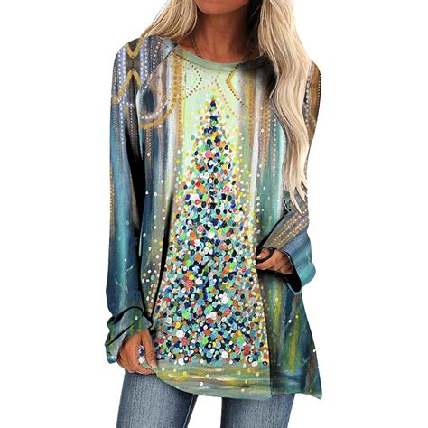 Merry Christmas Blouses For Women Long Sleeve Crewneck Christmas Tree