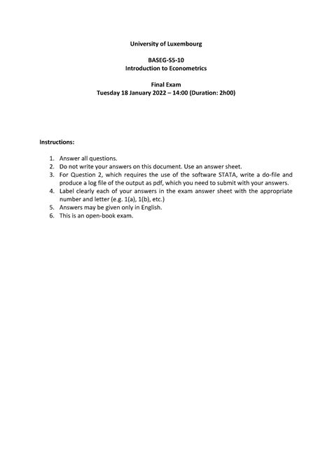 Intro Econometrics Exam 2022 University Of Luxembourg Baseg S5