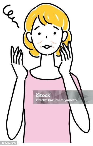 스킨 케어 얼굴 피부 문제 주름과 처짐 예쁜 여자의 클립 아트 그림 간단한 벡터 걱정하는에 대한 스톡 벡터 아트 및 기타 이미지