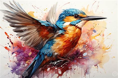 Digital Painting Of A Kingfisher Bird In Flight With Colorful Splashes