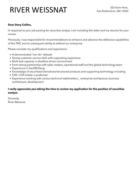 Securities Analyst Cover Letter Velvet Jobs