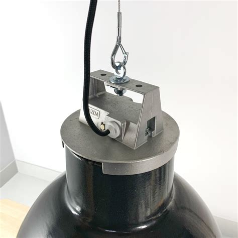 Mazda French Black Enamel Vintage Industrial Metal Top Pendant Light