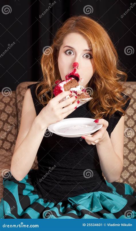 Redhead Girl Secretly Eating Cake Stock Image Image Of 1970s Dress