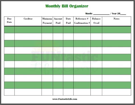 Monthly Bill Organizer Template