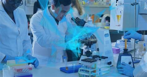 Image Of Glowing Light Trails Over Diverse Scientists In Laboratory
