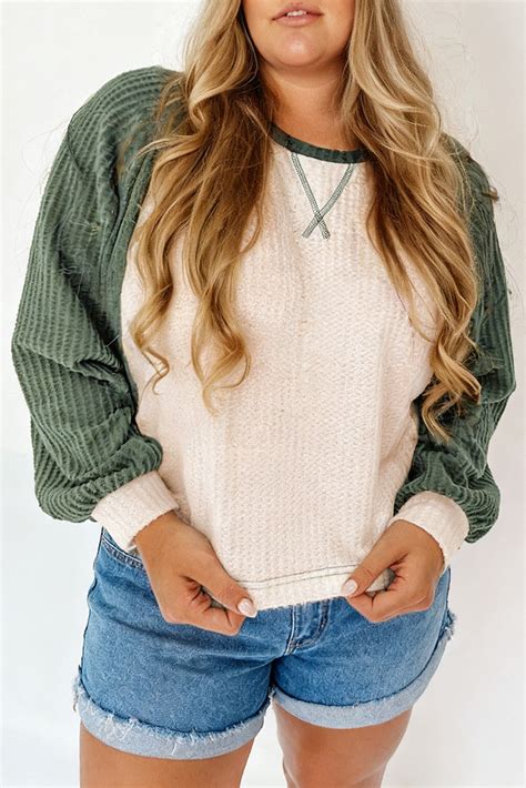 1078 Mist Green Plus Size Waffled Color Block Long Sleeve Top Wholesale