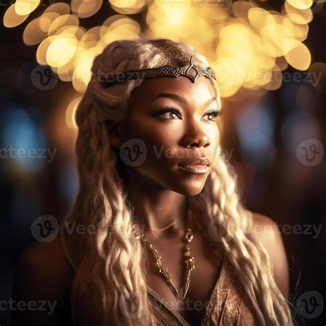 Portrait Dark Skinned African Woman With Long White Hair Dreadlocks
