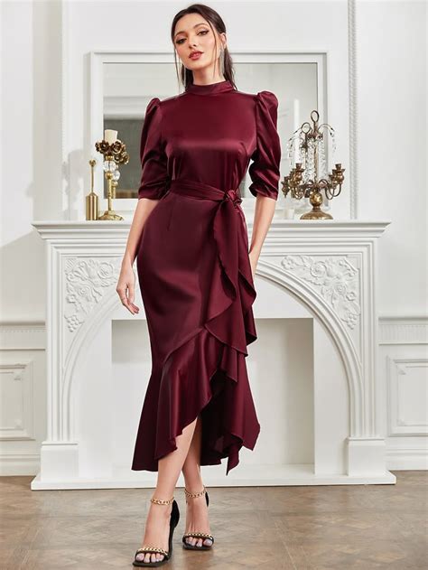 Puff Sleeve Ruffle Trim Belted Satin Dress Satin Dresses Dress