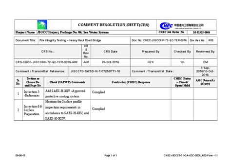 Comment Resolution Sheet Crs Project Name Jigcc Project Package No