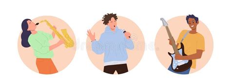 Isolated Round Icon Composition Set With Young Teenager Saxophonist