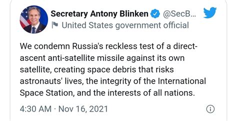 Us Slams Dangerous And Irresponsible Russian Anti Satellite Missile Test