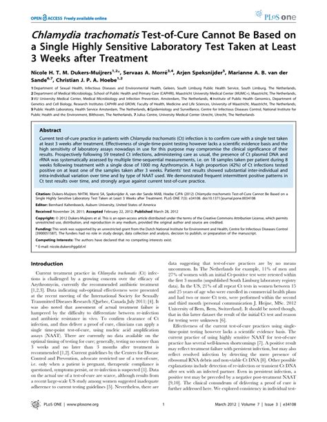 Pdf Chlamydia Trachomatis Test Of Cure Cannot Be Based On A Single