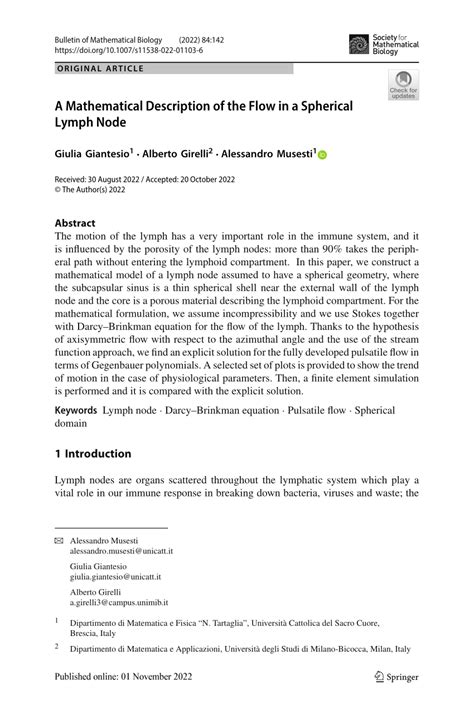 Pdf A Mathematical Description Of The Flow In A Spherical Lymph Node