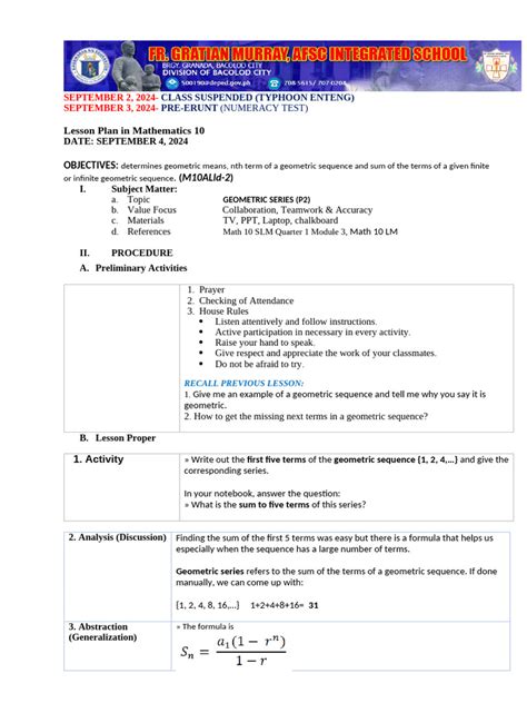 Lp Lesson8 Geometric Sequence Series Geometricsummative September2 5 Pdf Summation Sequence