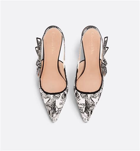 J Adior Slingback Pump White And Black Cotton Embroidered With Plan De