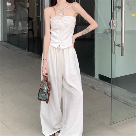 디어포텐 셔링 크롭 튜브탑밴딩 쉬폰 와이드팬츠 투피스 셋업 세트 여름신상 여름투피스 데이트룩 유니크 캠퍼스룩