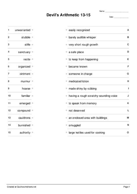 devil s arithmetic 13 15 matching pairs worksheet quickworksheets