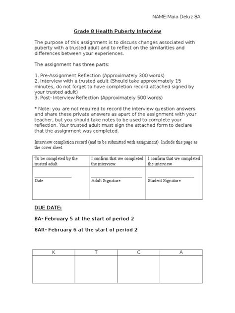 Grade 7 Assignment Puberty Adolescence