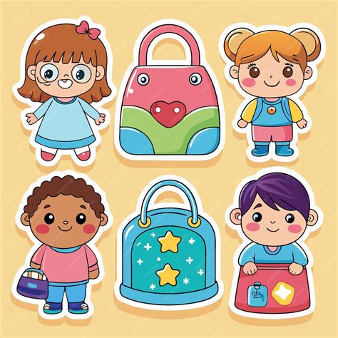 Niños De Dibujos Animados Con Bolsos De Colores Vector Premium