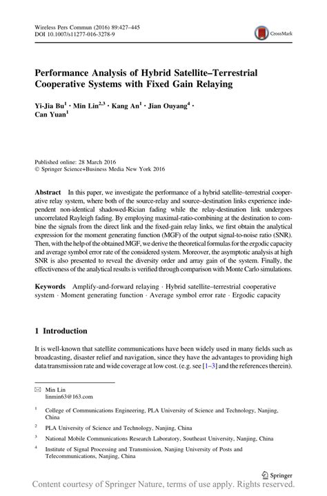 Performance Analysis Of Hybrid Satelliteterrestrial Cooperative Systems With Fixed Gain