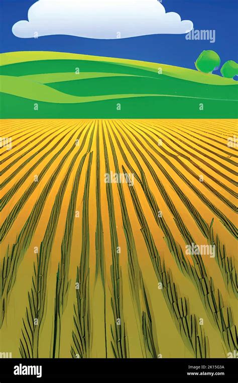 A Colorful Graphic Drawing Of An Agricultural Landscape With A Hill And Fields Stock Vector