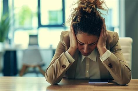 Premium Photo Businesswoman At Her Desk Face Buried In Hands