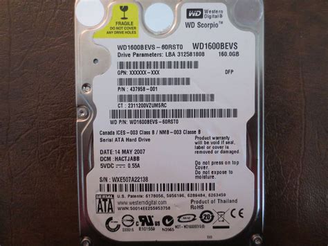 Western Digital WD1600BEVS-60RST0 DCM:HACTJABB 160gb 2.5" Sata Hard ...