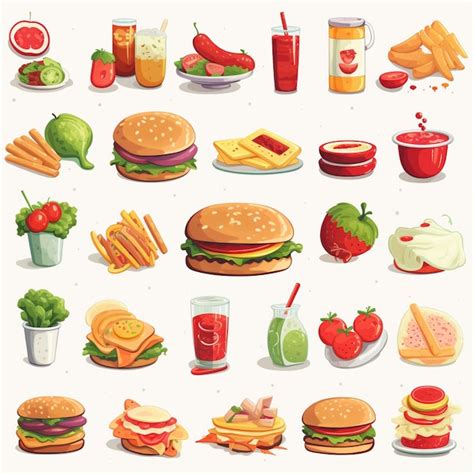 음식 터 디자인 레스토랑 메뉴 아이콘 일러스트 햄버거 피자 세트 식사 그래픽 음료 프리미엄 Ai 생성 벡터