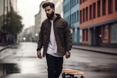 Premium Ai Image Shot Of A Man Standing On His Skateboard Outside
