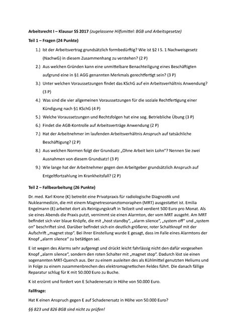 Arbeitsrecht I Klausur SS 2017 Arbeitsrecht I Klausur SS 2017