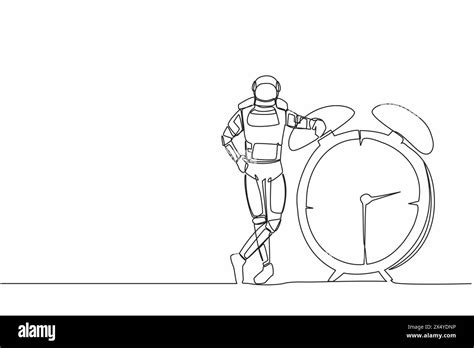 Single One Line Drawing Young Astronaut Lean On Big Alarm Clock In Moon Surface Time Management