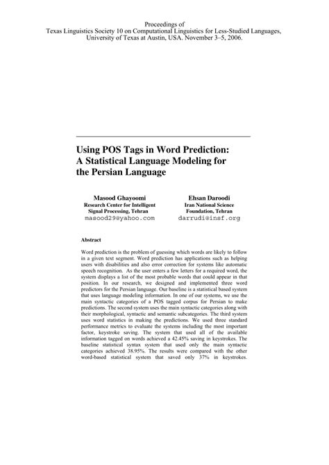 Pdf A Pos Based Word Prediction System For The Persian Language