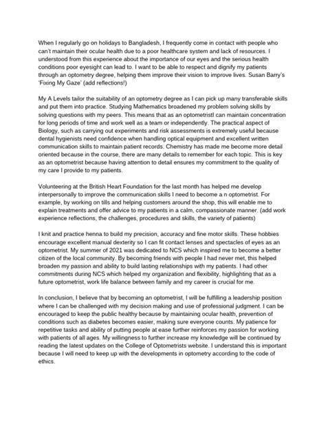 Optometry Personal Statement Draft Pdf Optometry Health Care