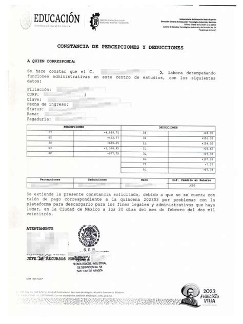 Carta Percepciones Y Deducciones Pdf