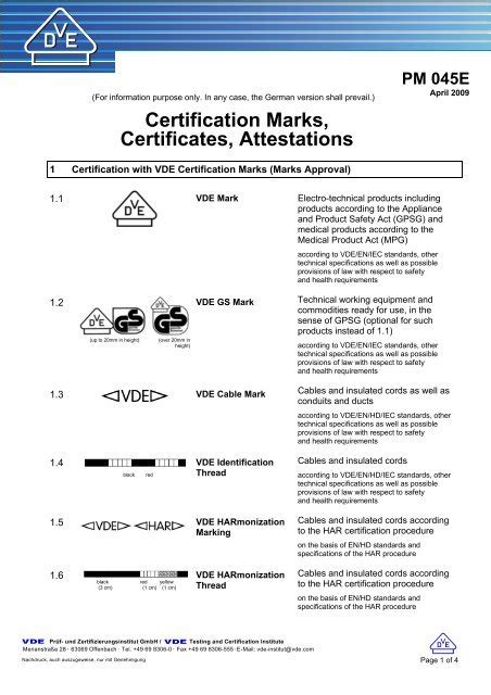 Certification Marks Certificates Attestations Pm045e April Vde