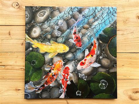 五鯉圖錦鯉魚池丙烯原作 五福臨門風水掛畫 玄關客廳畫作 MINIMstudio海報 掛畫 掛布人氣榜 Pinkoi