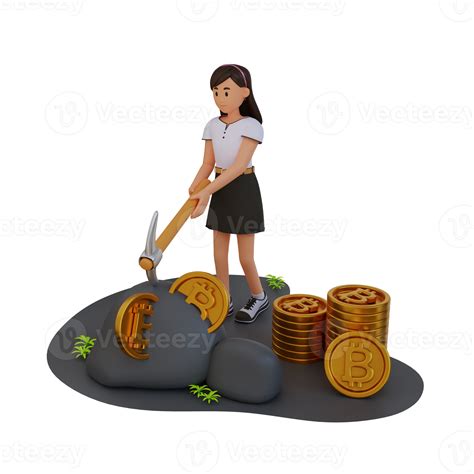 Young Girl Digging Coins From Rock With Pickaxe 3d Character Illustration 11345245 Png