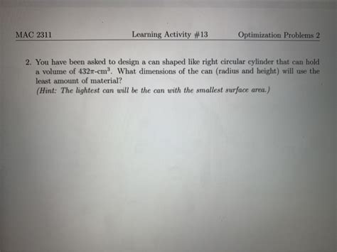 Solved Mac 2311 Learning Activity 13 Optimization Problems