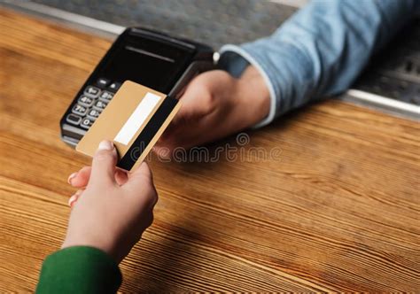 Contactless Bill Payment Girl Customer Holds Credit Card Bartender