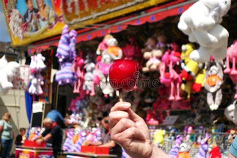 Sweet Candy Apple On County Fair Or Festival Red Candy Apple Covered