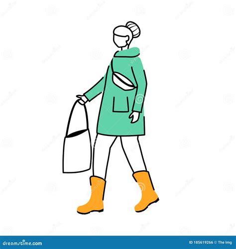 Woman In Raincoat Flat Contour Vector Illustration Stock Vector