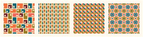 복고풍 디자인의 미적 미드 센츄리 인쇄 가능한 이음매 없는 패턴 세트 장식 50 년대 60 년대 70 년대 스타일 패브릭 벽지 또는 포장을위한 미니멀리스트 미드 센추리