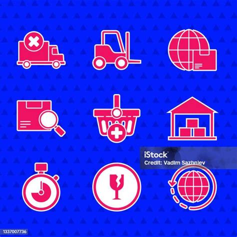 쇼핑 바구니 깨지기 쉬운 깨진 유리 전 세계 배송 및 상자 창고 스톱워치 검색 패키지 및 배달화물 트럭 차량 아이콘에 추가 설정합니다 벡터 감시에 대한 스톡 벡터 아트 및