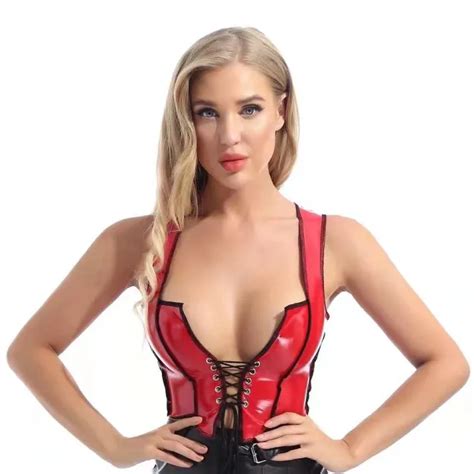 ผู้หญิงเซ็กซี่เสื้อหนังสุภาพสตรีเสื้อกั๊กหนัง Pvc เงา Women Sexy Pvc