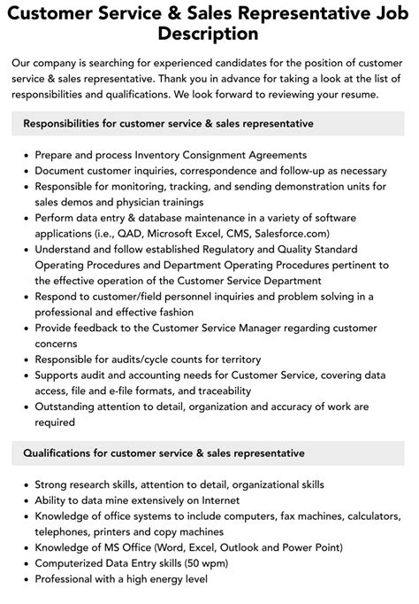 Customer Service And Sales Representative Job Description Velvet Jobs