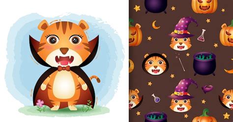Premium Vector A Cute Tiger With Dracula Costume Halloween Character