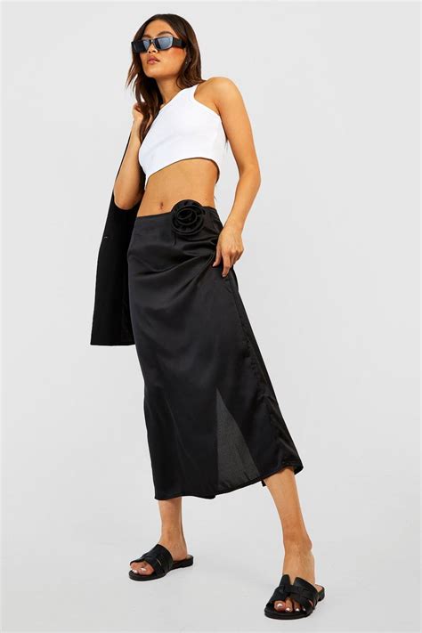 Rose Corsage Satin Midi Skirt Boohoo Usa