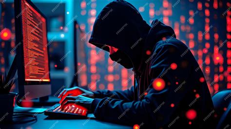 A Hooded Figure Typing On A Keyboard With Binary Codes And Digital Red